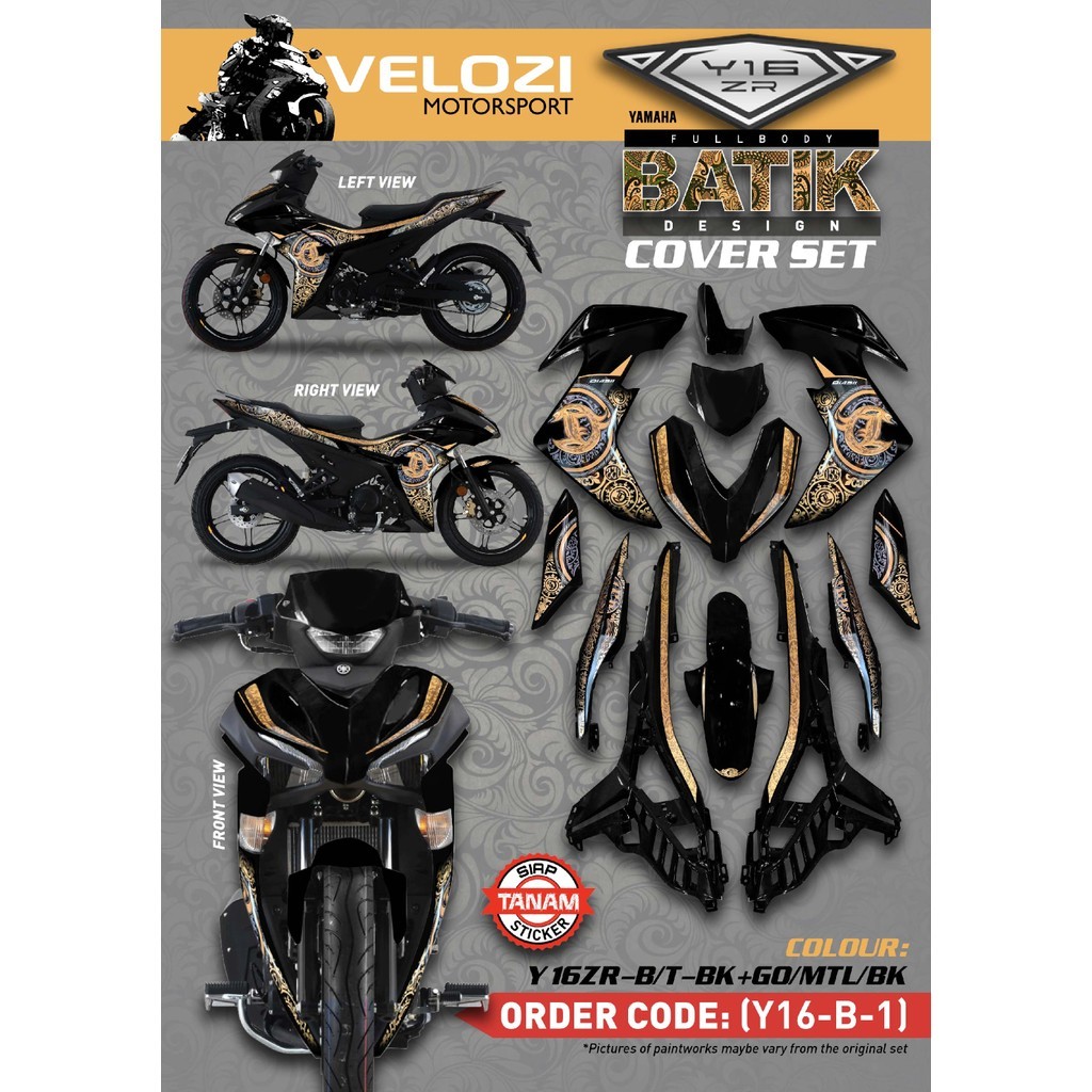 Cover Set VELOZI YAMAHA Y16ZR Y16 V1 Batik Design Black Yellow Sticker ...