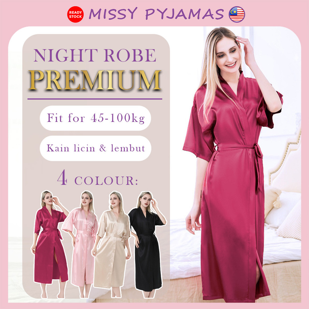 Satin Bath Robe Wanita Kimono Style Soft Elegant Long Robe Dengan Belt ...