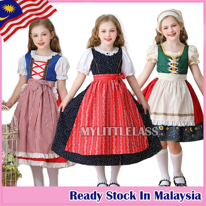 Girls Bavarian Dirndl Oktoberfest Costume Dress with Apron Traditional ...