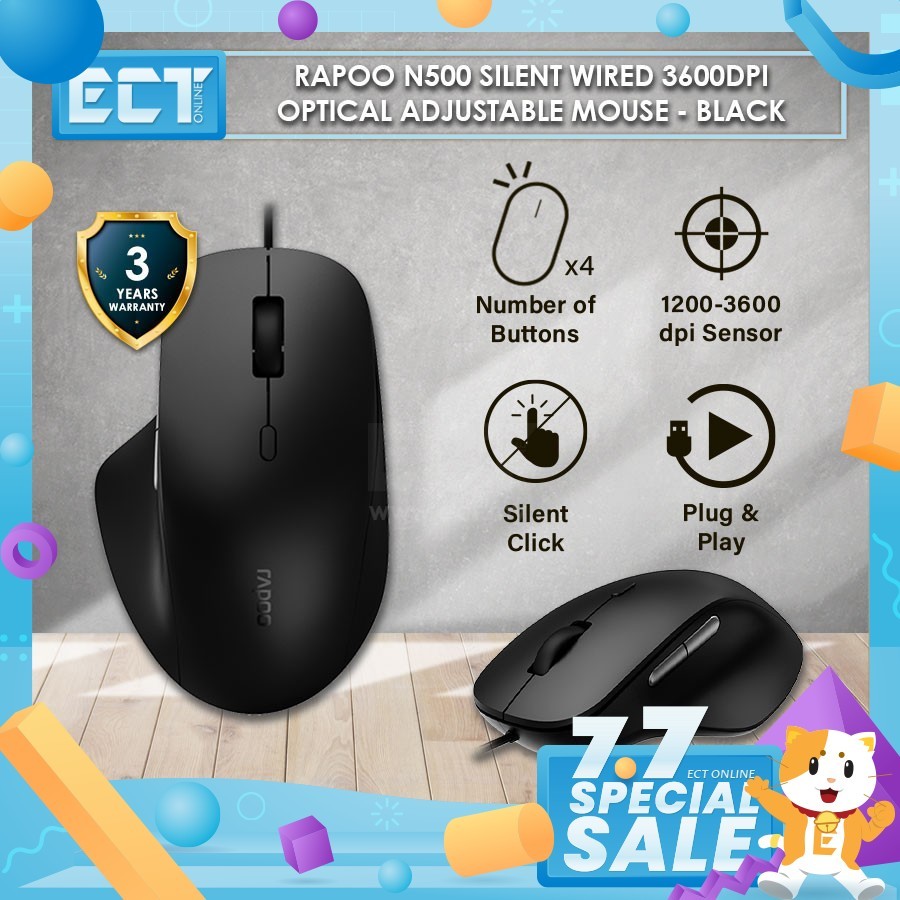 Rapoo N500 Silent Wired 3600DPI Optical Adjustable Mouse - Black / White | Shopee Malaysia