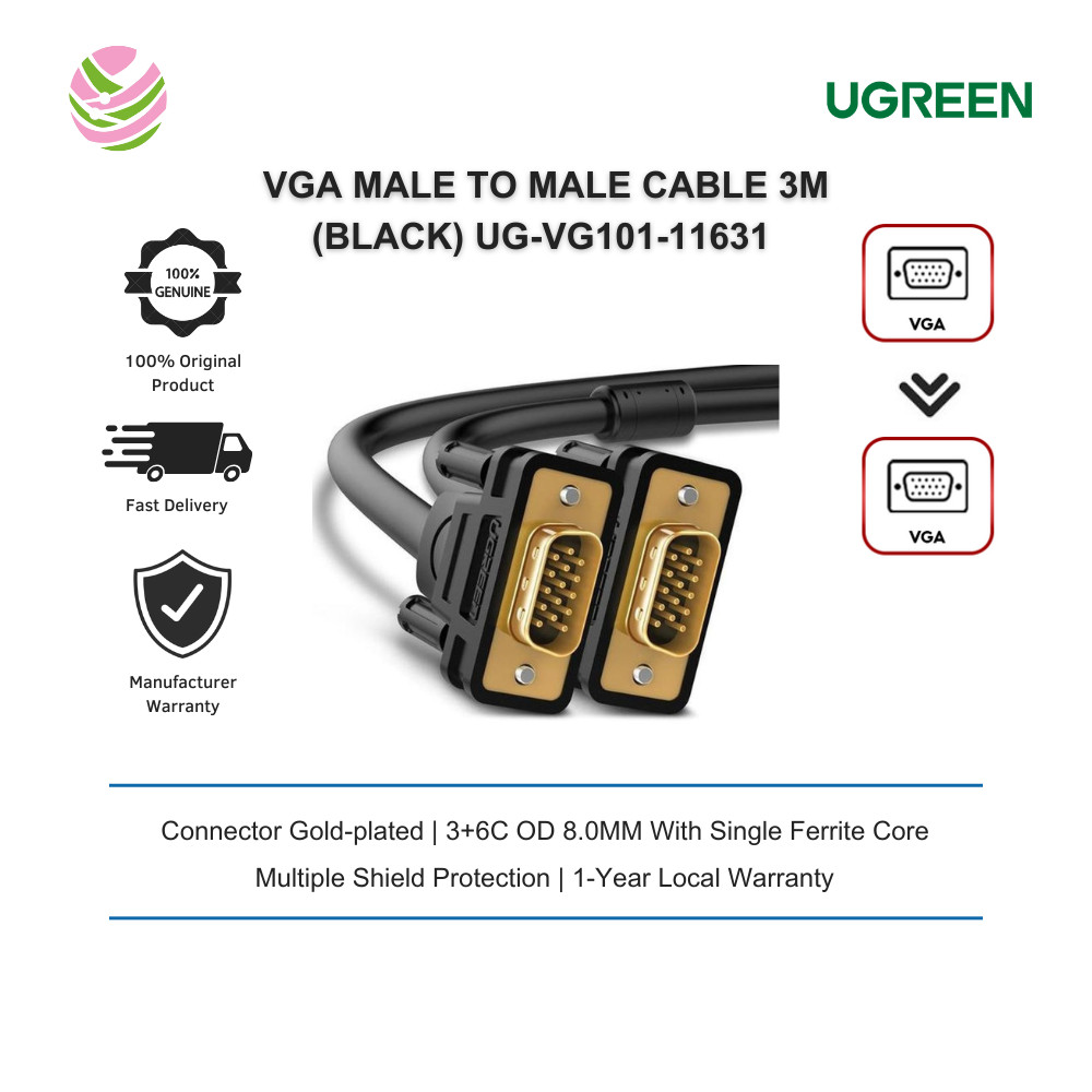 UGREEN VGA MALE TO MALE CABLE MULTIPLE SHIELD PROTECTIONS 3M (BLACK) UG-VG101-11631 | Shopee ...
