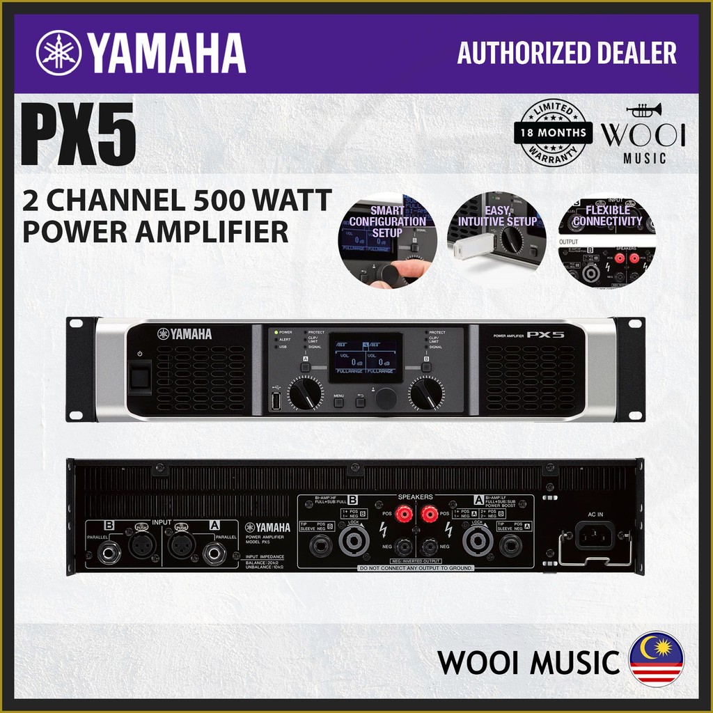 Yamaha PX5 2 Channel 500 Watt Power Amplifier with EQ, Crossover, Filters, Delay and Limiter ...