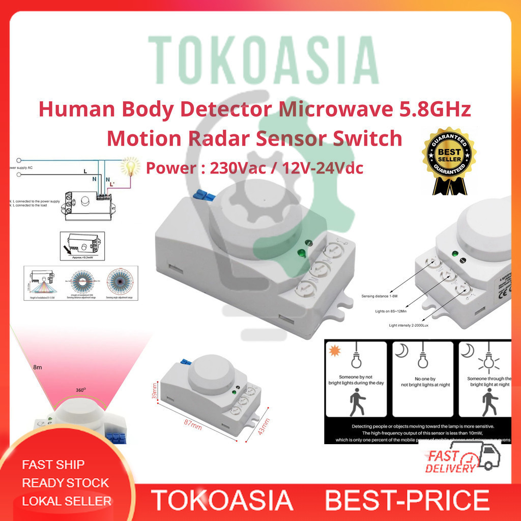 Human Body Detector Microwave 5.8GHz Motion Radar Sensor Switch 230Vac ...