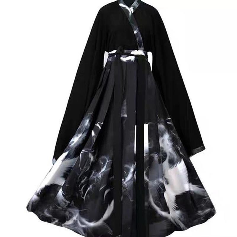 Plus Size Hanfu - Female Wei Jin Style Cross Collar Dress with Ink ...