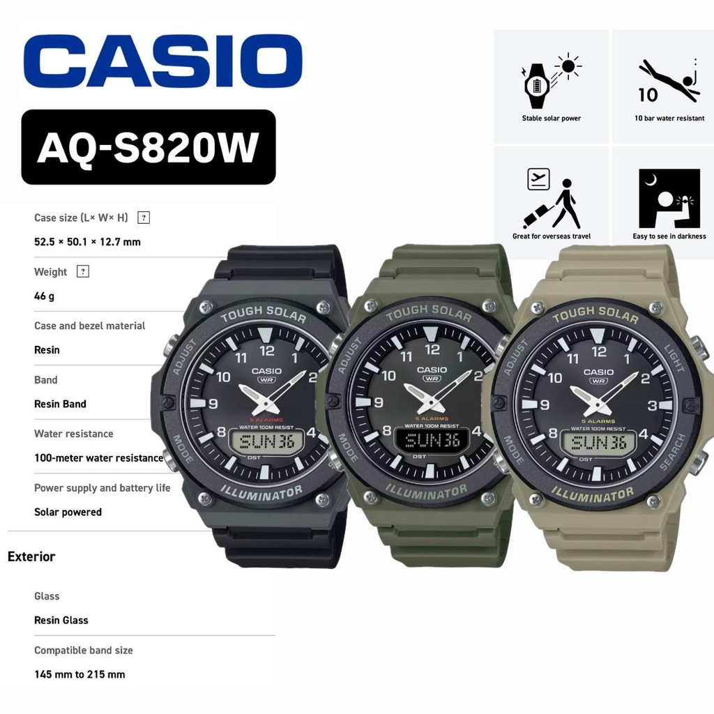 [ OFFICIAL CASIO WARRANTY ] CASIO AQ-S820W SERIES TOUGH SOLAR ANALOG ...