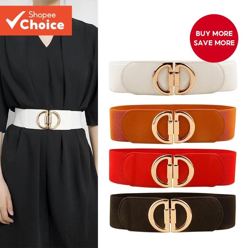 Women's Belt Gold Pair D Buckle Black Waist Seal Fashion Elastic Wide ...