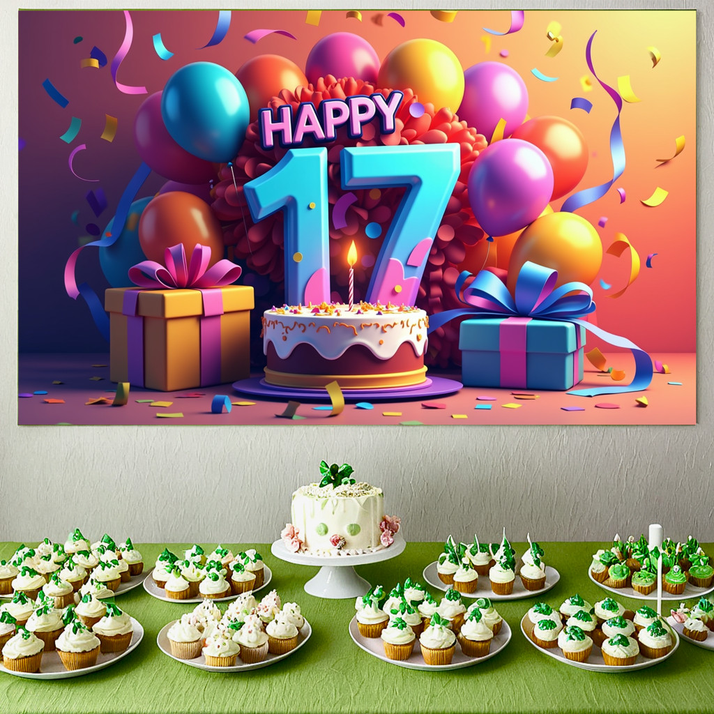 Happy 17th Birthday Backdrop Party Decorations Balloons and Cake ...