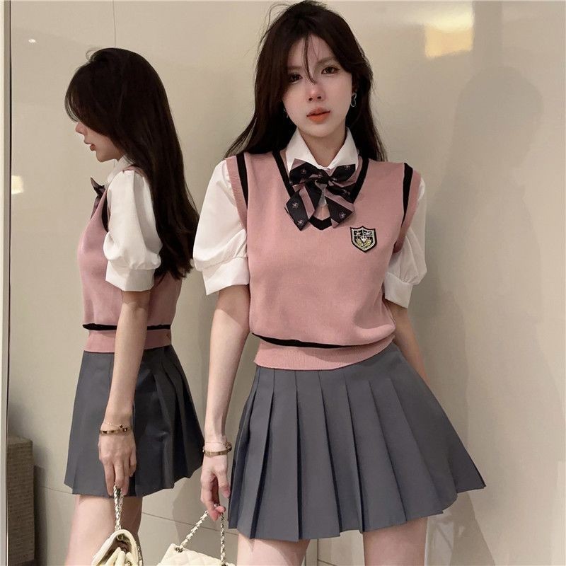 Preppy Style Sweet Fashion Suit Female Fake Two-Piece Puff Sleeve Stitching Top High Waist ...