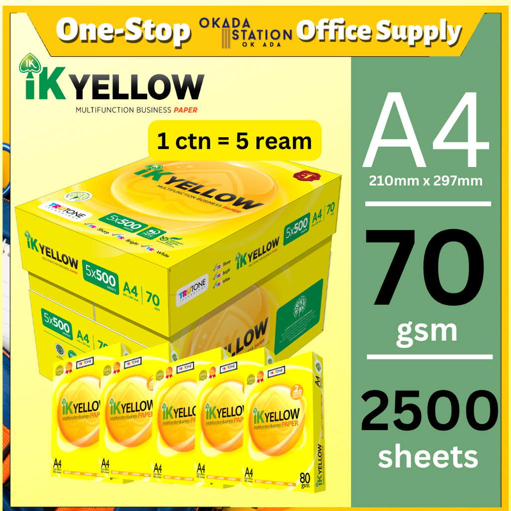 A4 70GMS IK YELLOW PAPER- 2500'S / 1 carton 5 Ream INDAH KIAT / Kertas ...