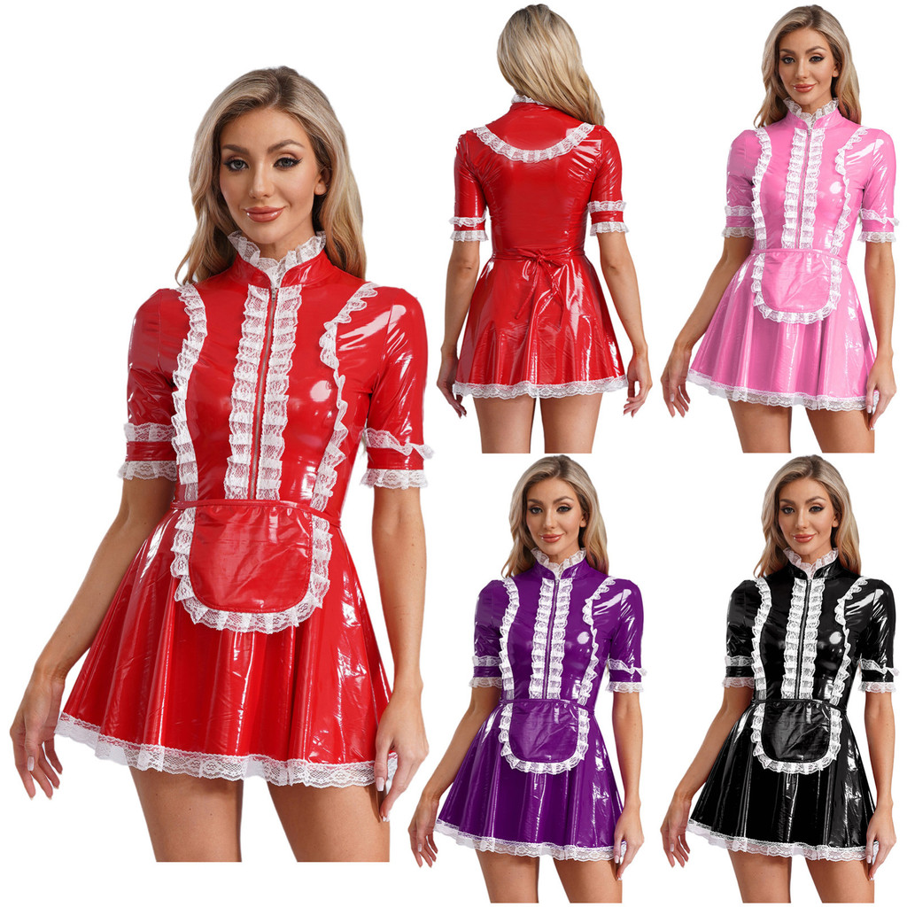 Sywiyi Women PVC Leather Maid Cosplay Costume Short Sleeve Lace Trim ...