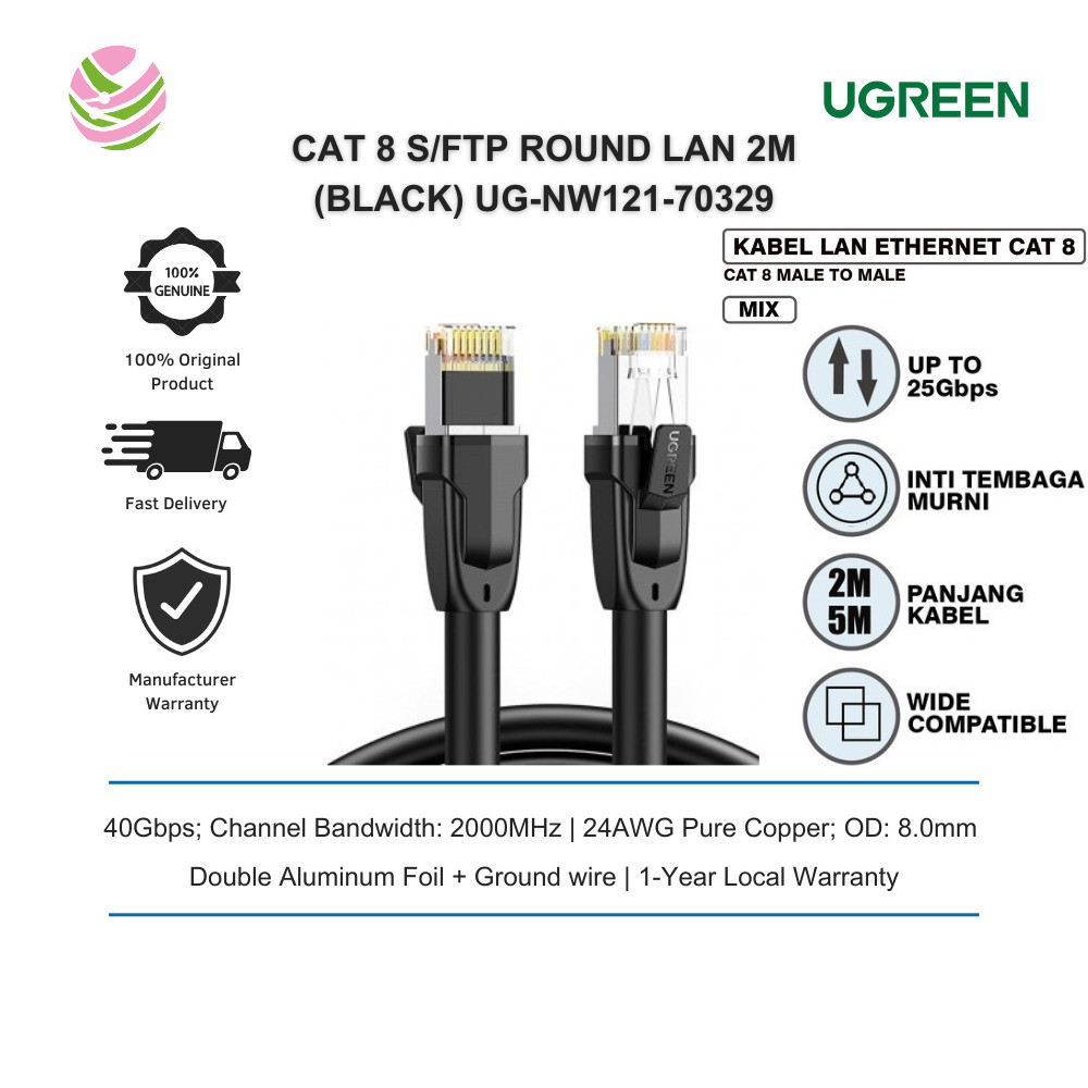 UGREEN CAT 8 S/FTP ROUND LAN CABLE PURE COPPER 2M (BLACK) UG-NW121 ...