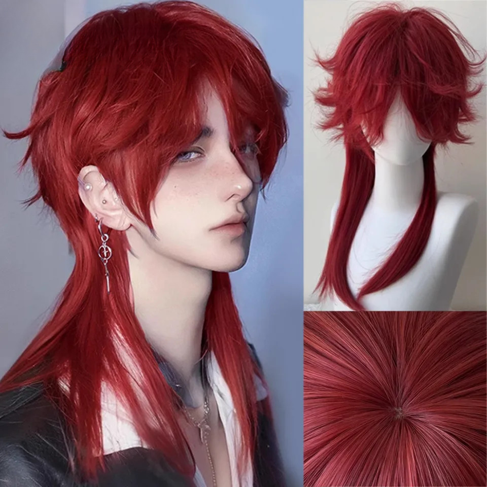Red Wig Men Wig Long Hair Wolf Tail Cosplay Wig Unisex Full Head Set ...