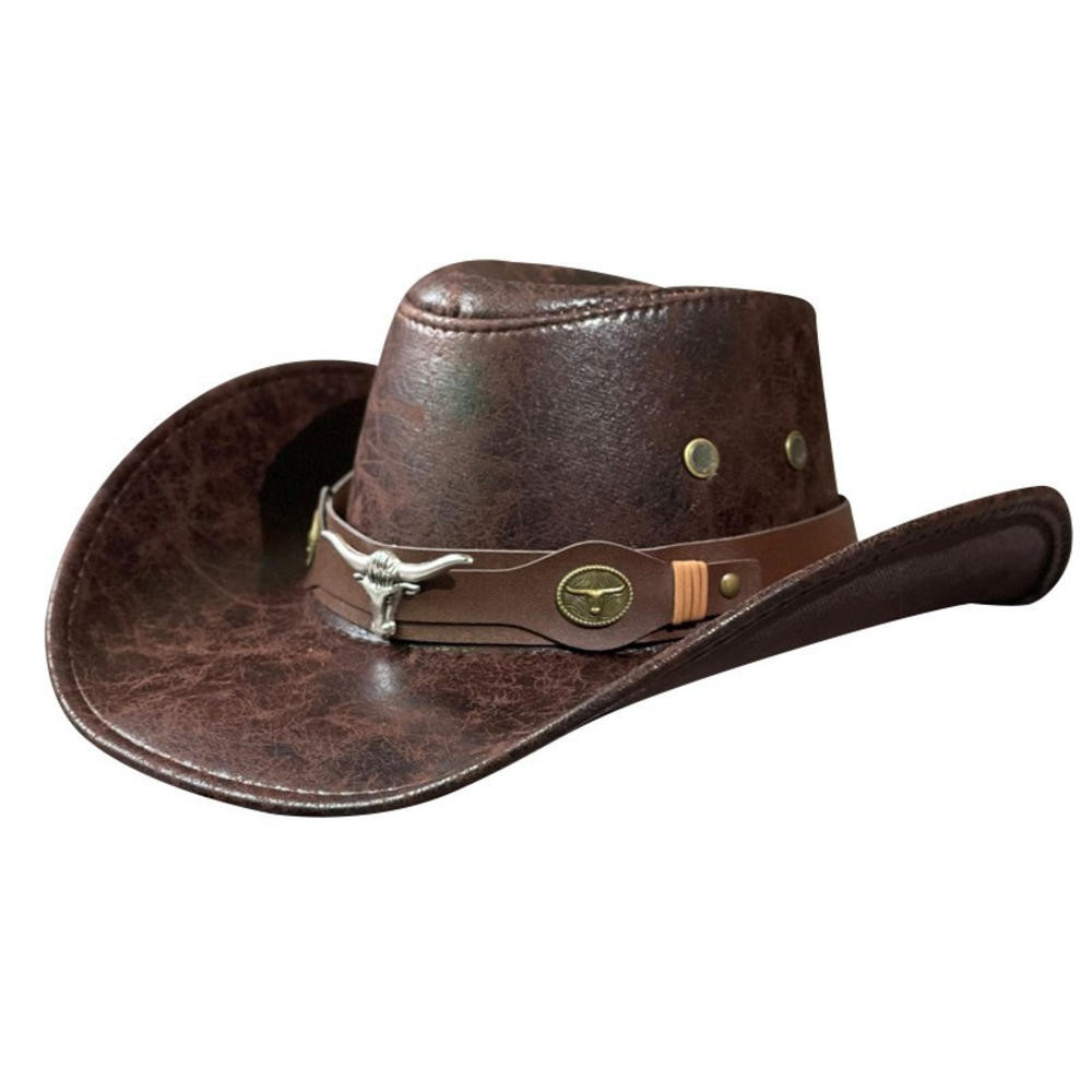 Vintage Leather Cowboy Hats For Men Women Cowgirl Hat Wide Brim Felt ...