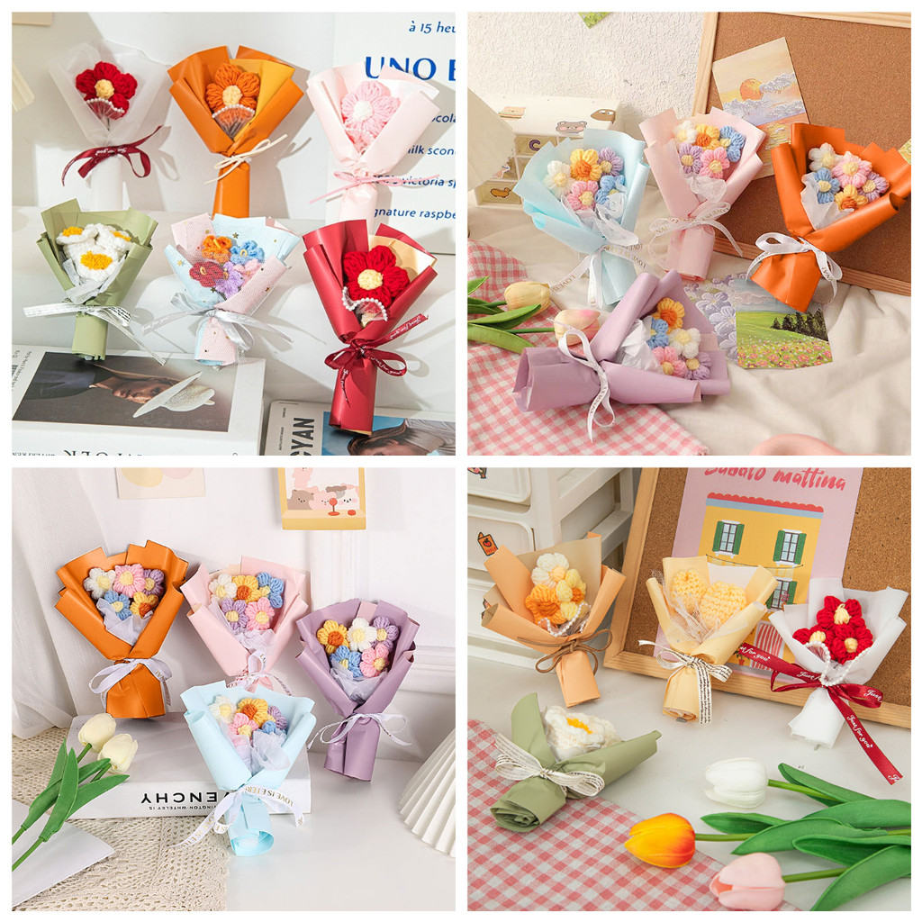 Puff Eternal Flower Handmade Woven Crochet Flower Bouquet Valentine's Day Graduation Gift ...