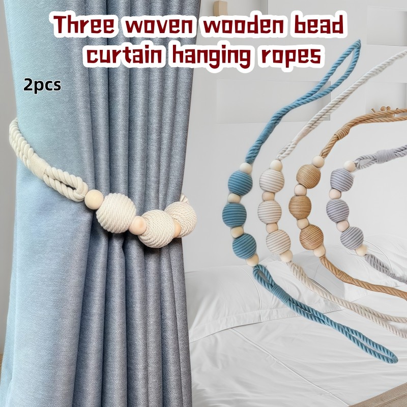 (2pcs)Three woven wooden bead curtain hanging ropes, Nordic INS style ...