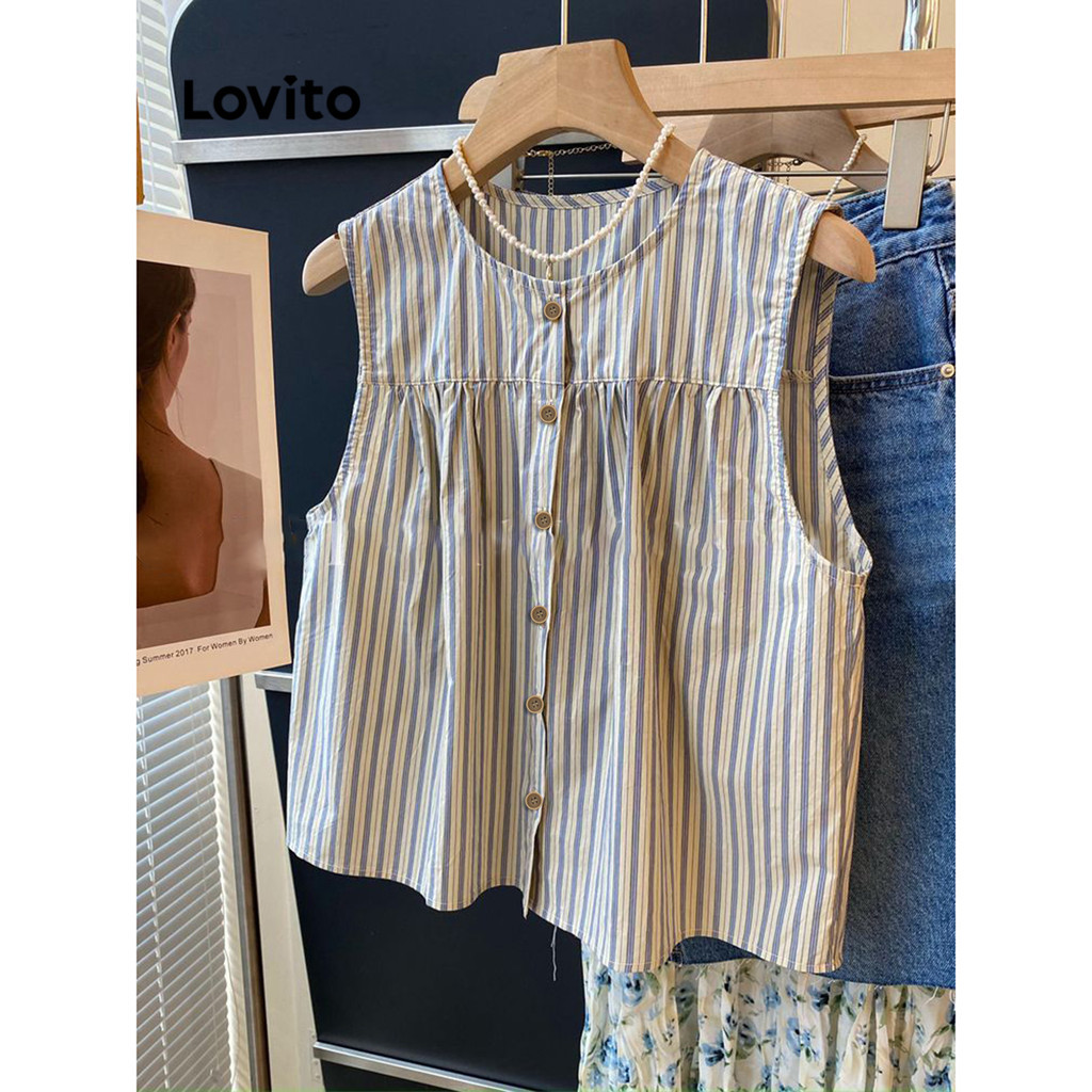 Lovito Elegant Tank Top Striped Button Tank Top for Women LNE68335 | Shopee Malaysia