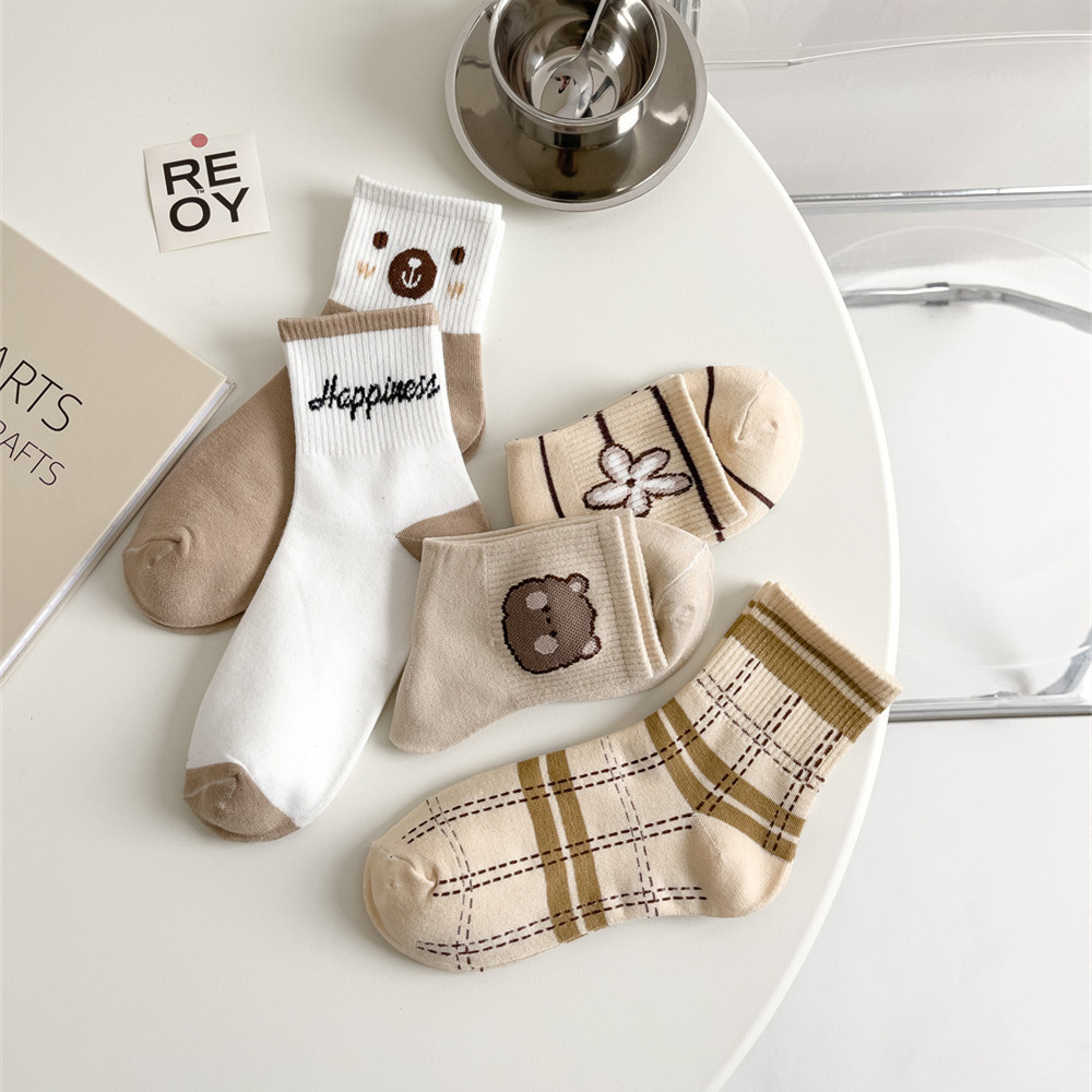 Elber KS149 Korean Women's Socks Brown Bear Motif Long Legs Character ...