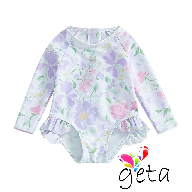 GETA-Toddler Girls Swimsuit Flower Pattern Long Sleeve Crew Neck Rash ...
