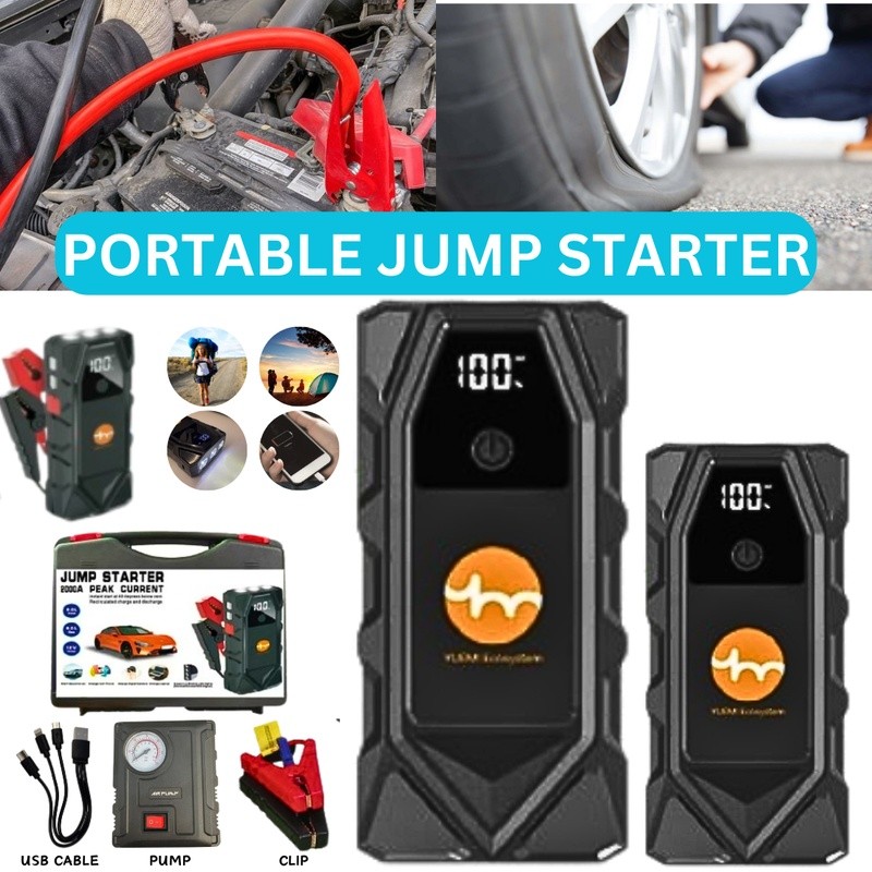Car Jump Starter With Tire Pump Pam Tayar Elektrik Jumper Kereta Proton ...