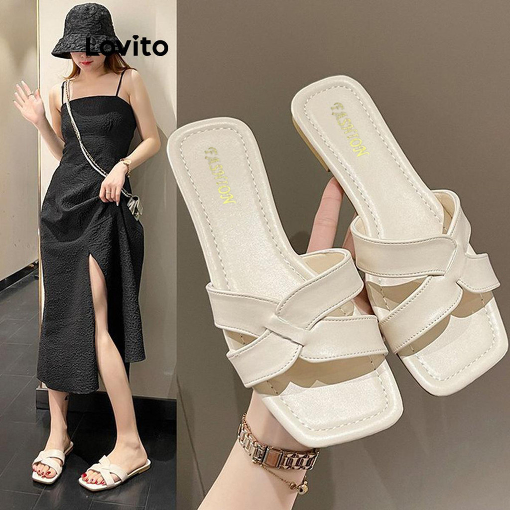 Lovito Casual Flat Sandals Plain Outerwear Ins Trend New Flat Summer Sandals for Women LFA50193 ...