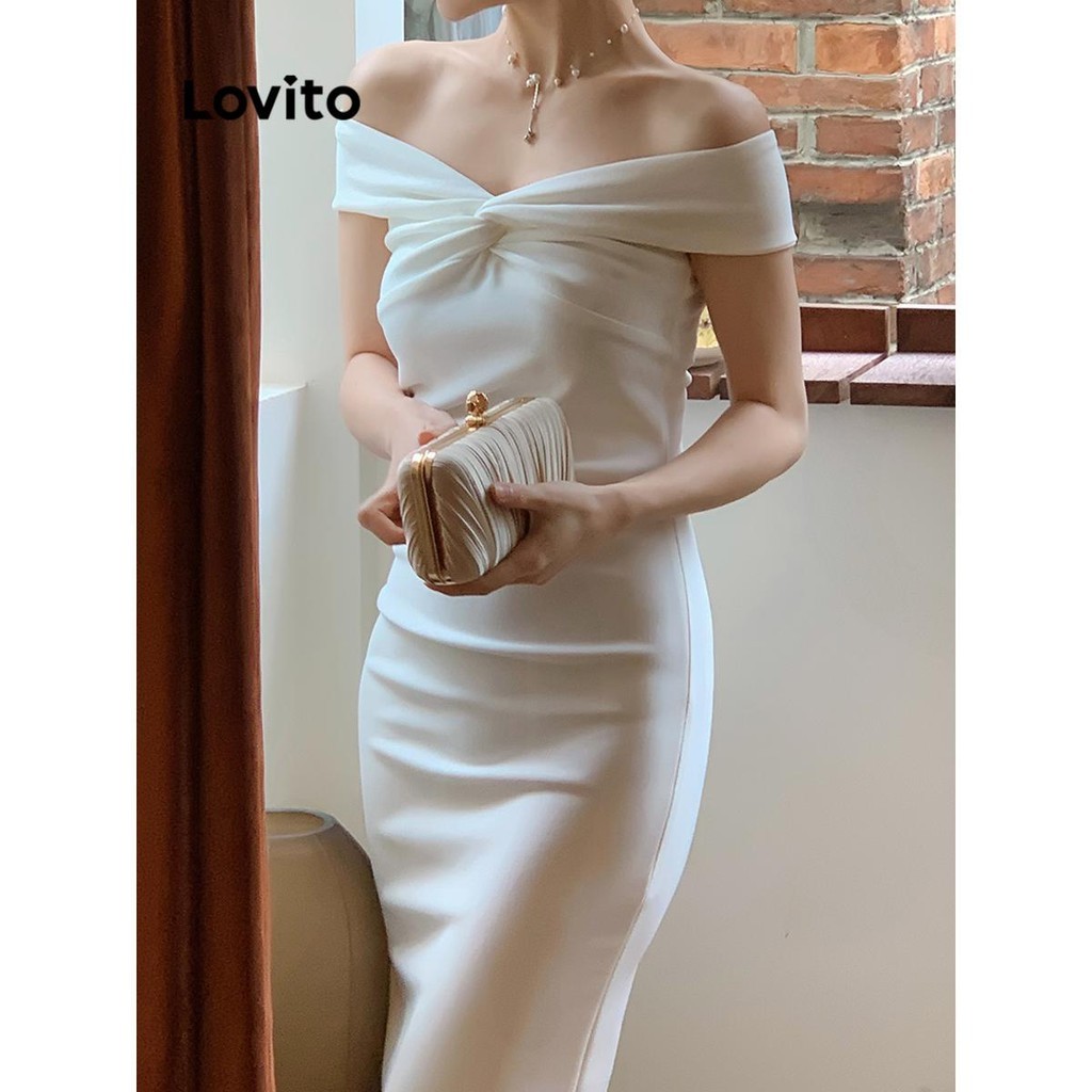 Lovito Elegant Plain Twist Cold Shoulder Split Dress for Women LNE71172 ...