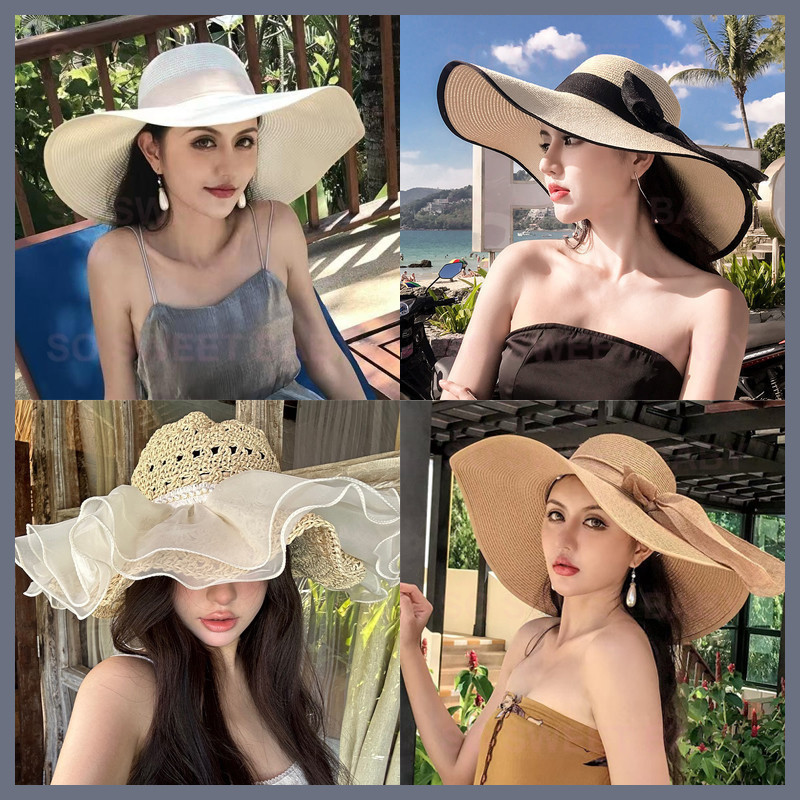 Lace Trim Knitting Straw Beach Hat Women UV Protection Breathable Summer Topi Pantai Wanita 沙滩帽 ...