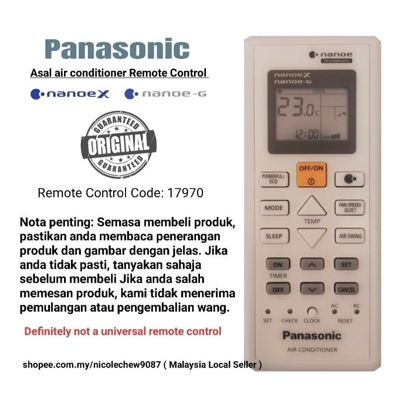 Original Panasonic nanoe-G nanoeX air conditioner Remote Control 17970 ...