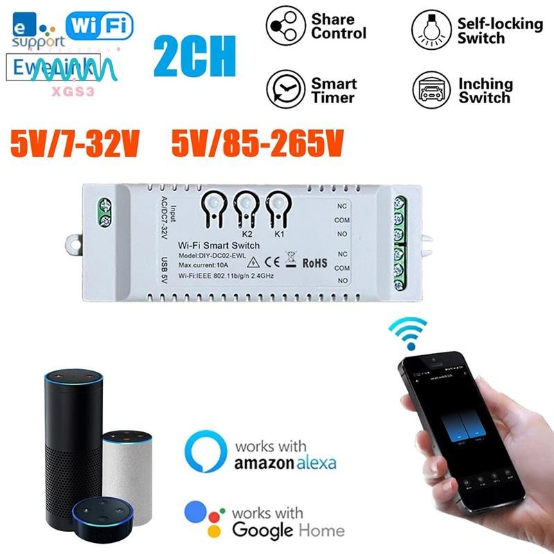 2CH WiFi Smart Switch DIY APP 7-32V USB 5V 2.4G WiFi Home Automation ...