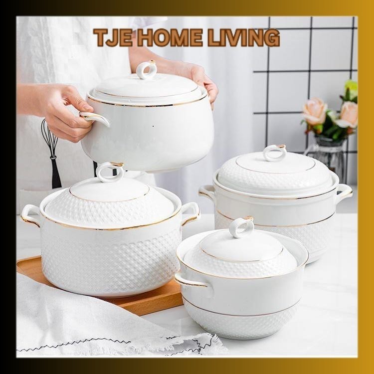 TJE Nordic Luxury Set Ceramic Gold Rim Binaural Bowl with Cover ...