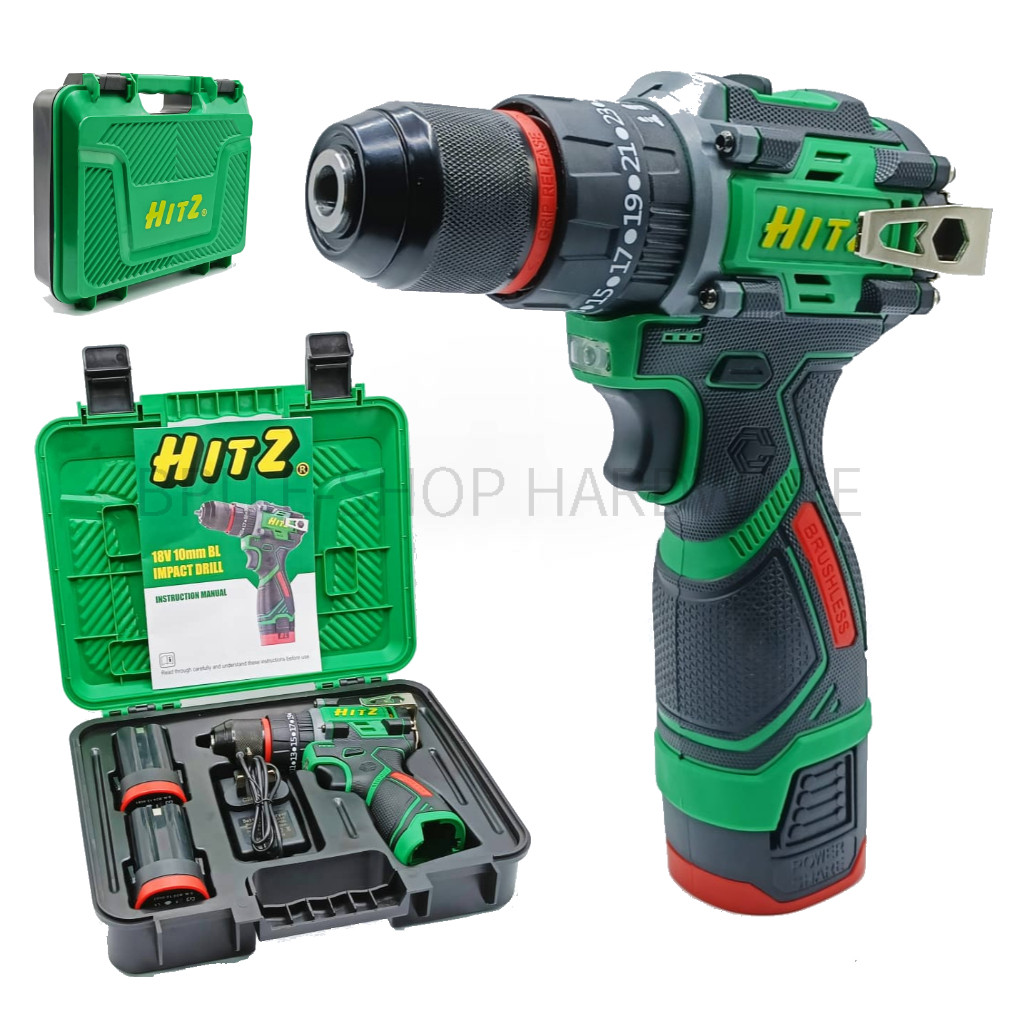 HITZ 18V Cordless Impact Drill Set 2 Speed Screwdriver Hammer Drill ...