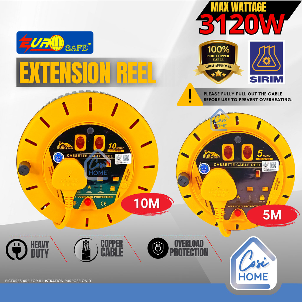 [SIRIM] Extension Wire 5M/10M EUROSAFE Extension Plug Portable Roller ...