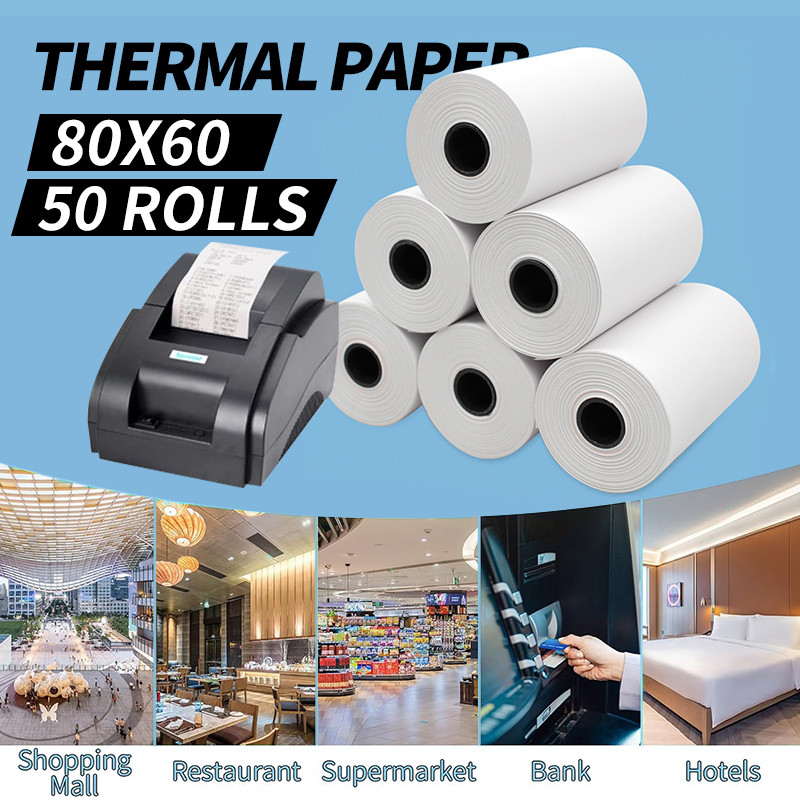 50 Rolls Thermal Receipt Printer Paper roll 80mm x 60mm 80x60 High ...
