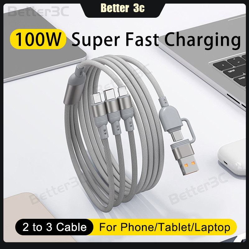100W Woven Anti-Breaking Data Cable 2 to 3 USB Type C Fast Charging ...