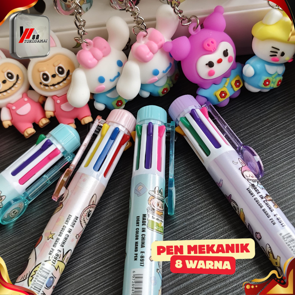8 Color Mechanical Pen Viral Labubu Motif Mechanical Pen / 8 Color Ink ...