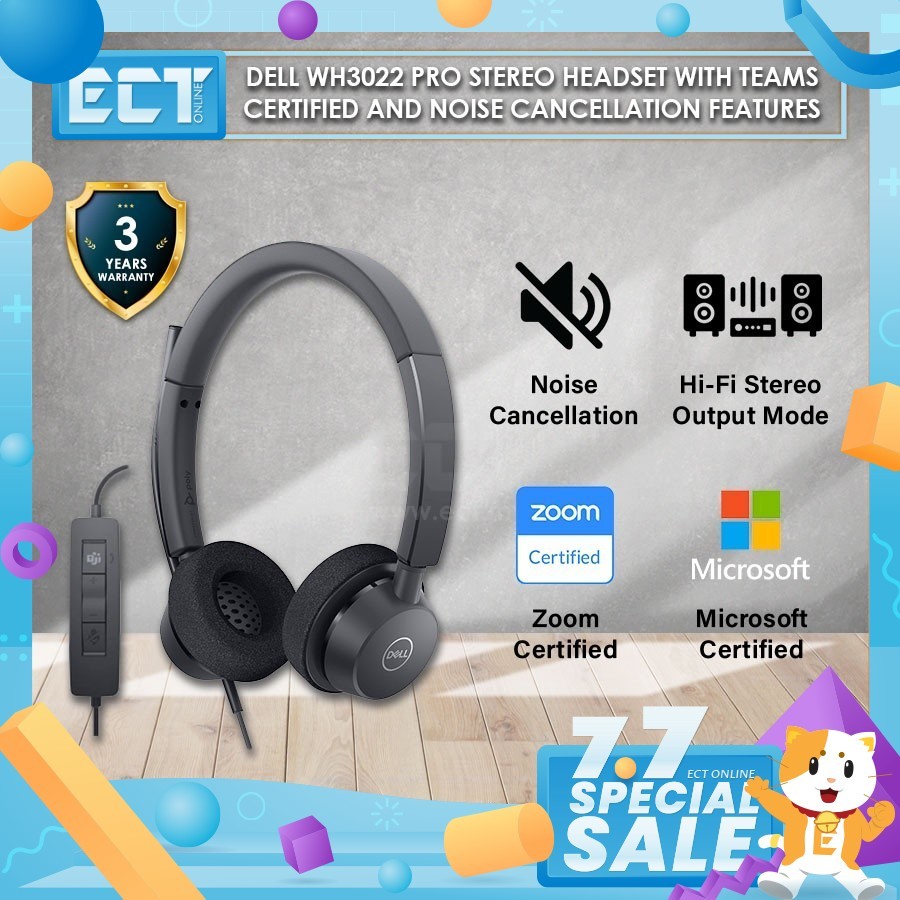 Dell WH3022 Pro Stereo Headset with Teams Certified and Noise ...