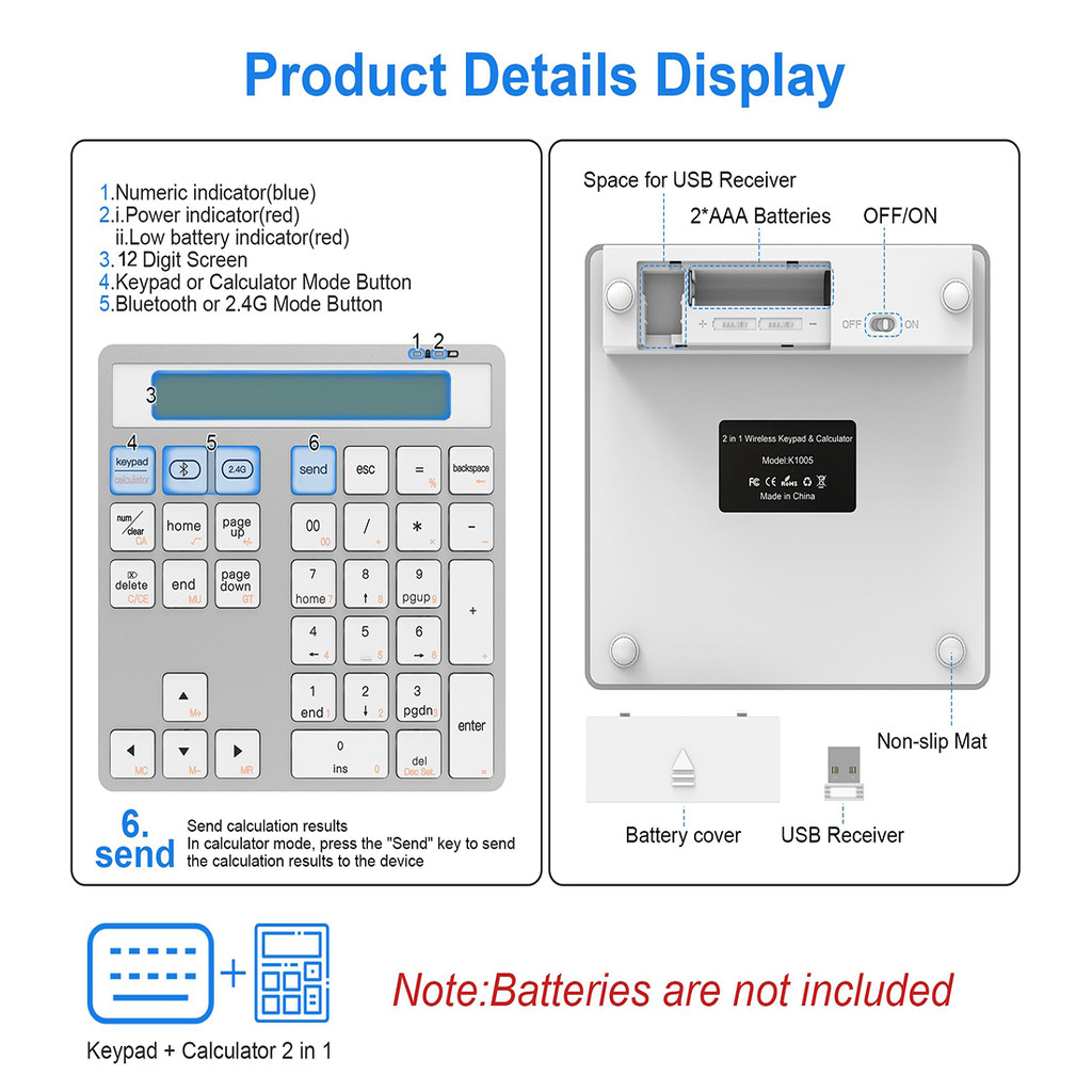 JOMAA Bluetooth 2.4G Wireless Numeric Keyboard with Display Calculator ...