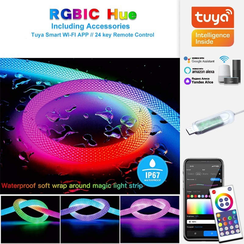 Tuya WIFI Smart Light IP67 Waterproof RGBIC Neon LED Strips 360 ...