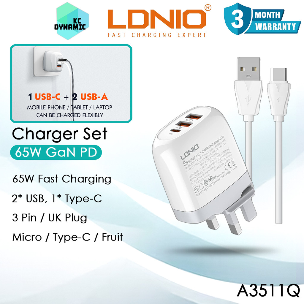 LDNIO A3511Q 65W Charger Set 65W Fast Charging Charger Adapter Set Wall ...
