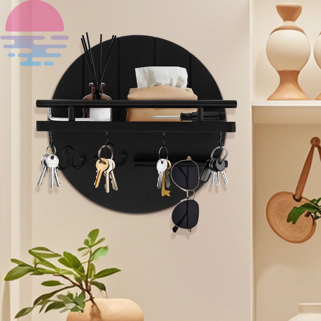 Wood Key Holder for Wall Decorative Key Rack with Shelf and Hooks ...