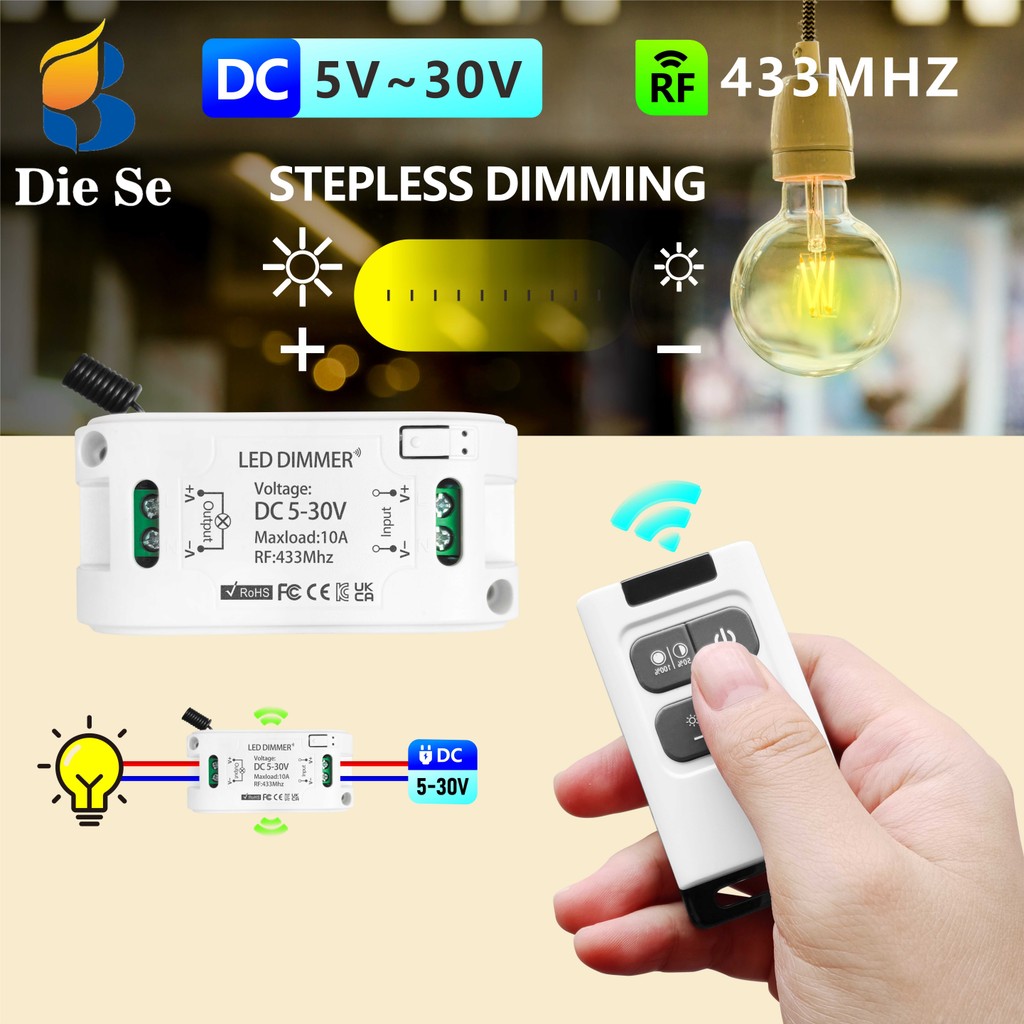 433Mhz RF Wireless Dimmer Switch, DC Mini Relay Receiver for LED Lights ...