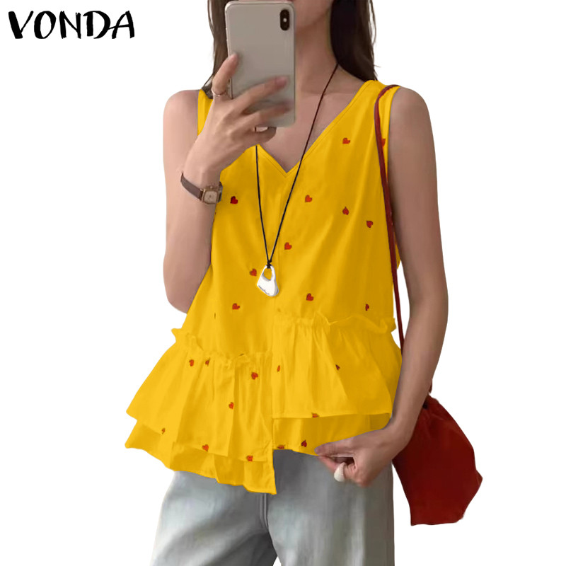 VONDA Women Korean Girly Sweet V Neck Love Print Irregular Ruffles ...