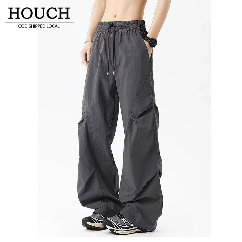 HOUCH COD Straight Cut Wide Leg High Waist Multi Pocket Men Cargo Pants ...