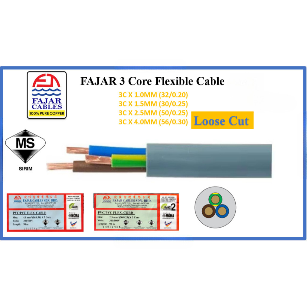 [ Fajar ] (PER METER) 0.5MM / 0.75MM / 1.0MM / 1.5MM / 2.5MM / 4MM 3 ...