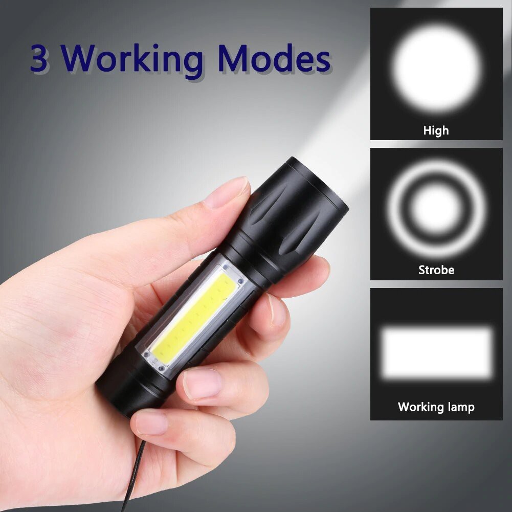 Rechargeable Mini Torch Light XPE+COB Dual Lights 1000LM Zoomable / S0S ...