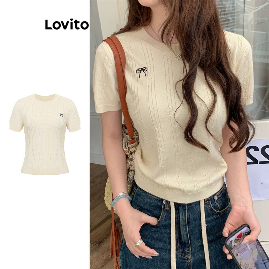 Lovito Cute Plain Embroidery Knit Top for Women L106AD105 | Shopee Malaysia