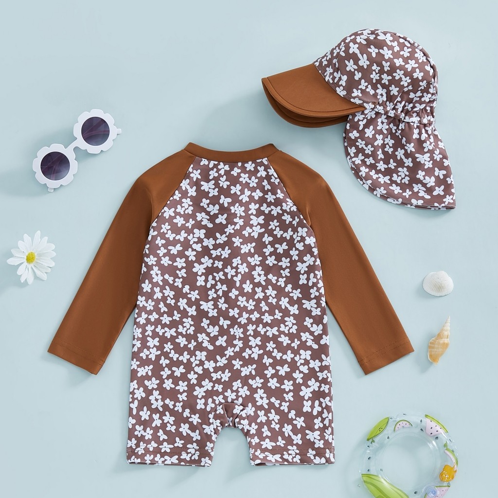 3Month-4years Baby Girl Long Sleeve Swimsuit With Caps] Floral/Flamingo ...