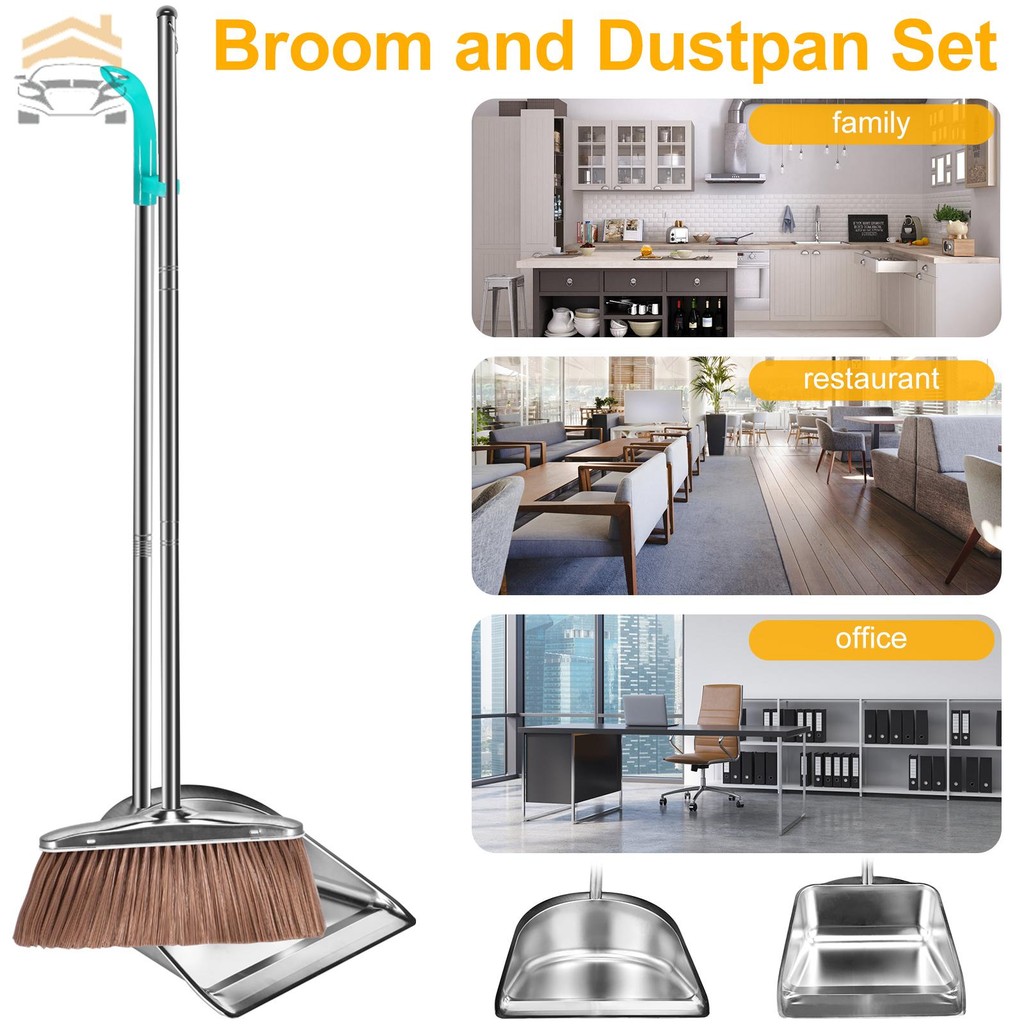 Broom and Dustpan Set with Long Handle Heavy Duty Stainless Steel Dustpan with Broom Upright ...