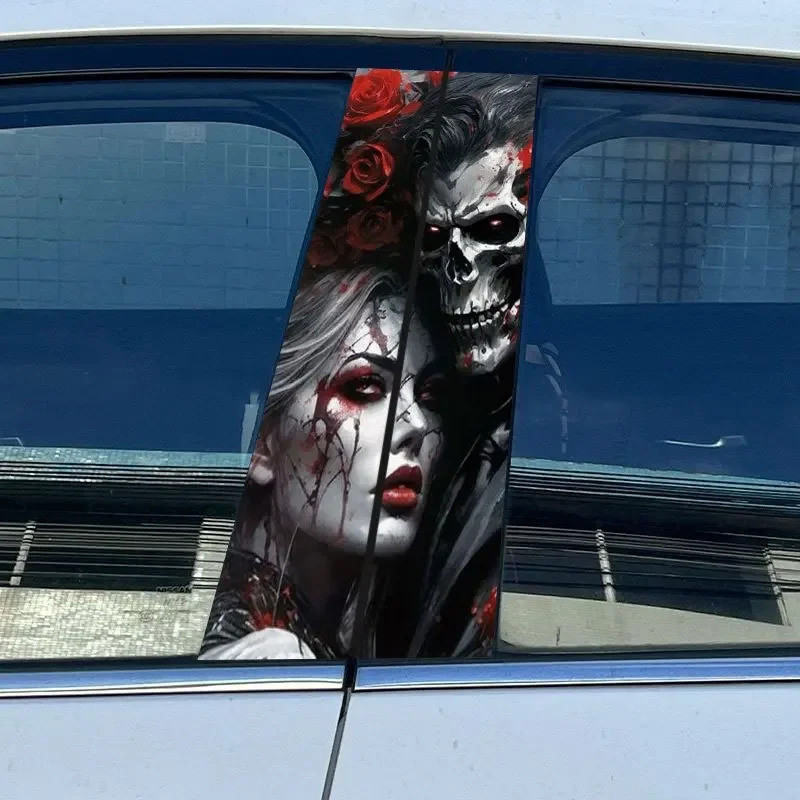 2 pieces Gothic skeleton couple car sticker, waterproof car B-pillar ...