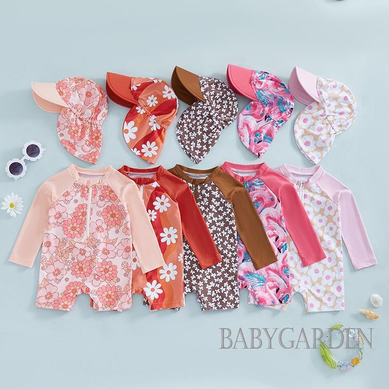 3Month-4years Baby Girl Long Sleeve Swimsuit With Caps] Floral/Flamingo ...