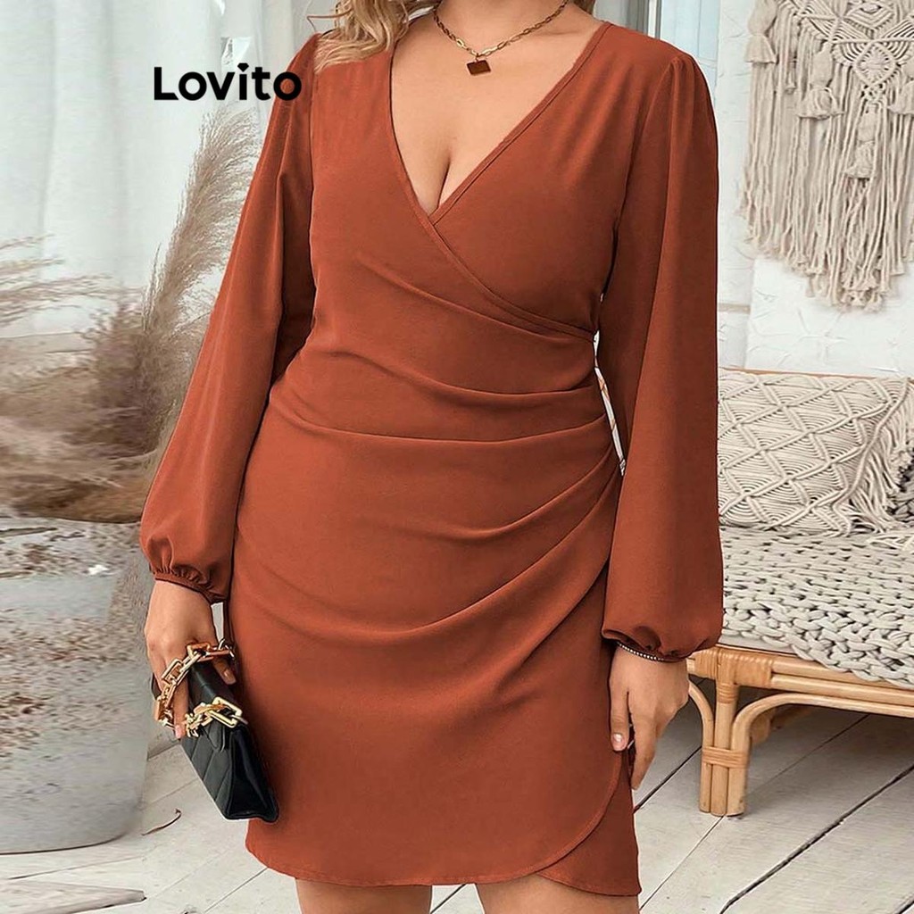 Lovito Plus Size Curve Casual Plain Asymmetrical Dress for Women ...